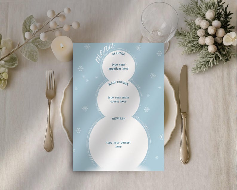 Snowman Christmas Dinner Menu, Blue Winter Tablescape (canva Template ...