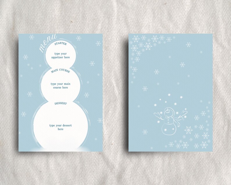 Snowman Christmas Dinner Menu, Blue Winter Tablescape (canva Template ...
