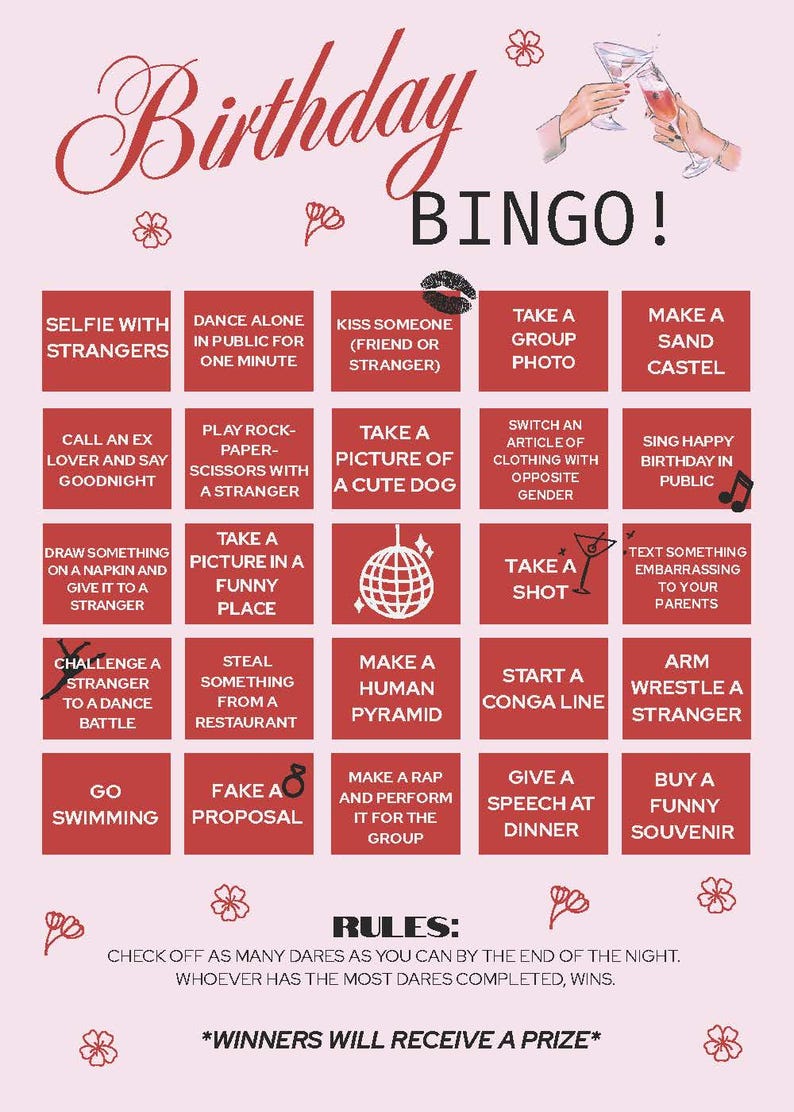 Birthday Dare Bingo Board - Etsy