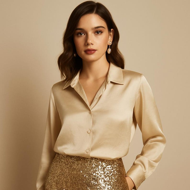 Champagne Silk Blouse, Minimalist Button-front Top (L) - Etsy