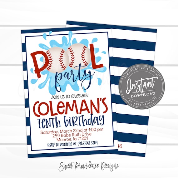 Baseball Birthday Invitation Pool Party Editable Baseball - Etsy