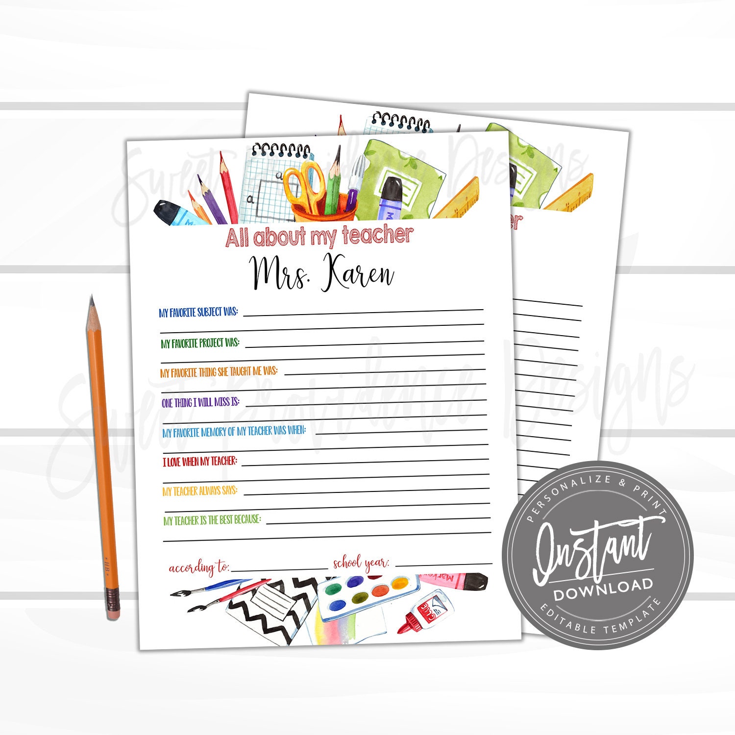 EDITABLE Teacher Gift End of School Year About Me Page | Etsy