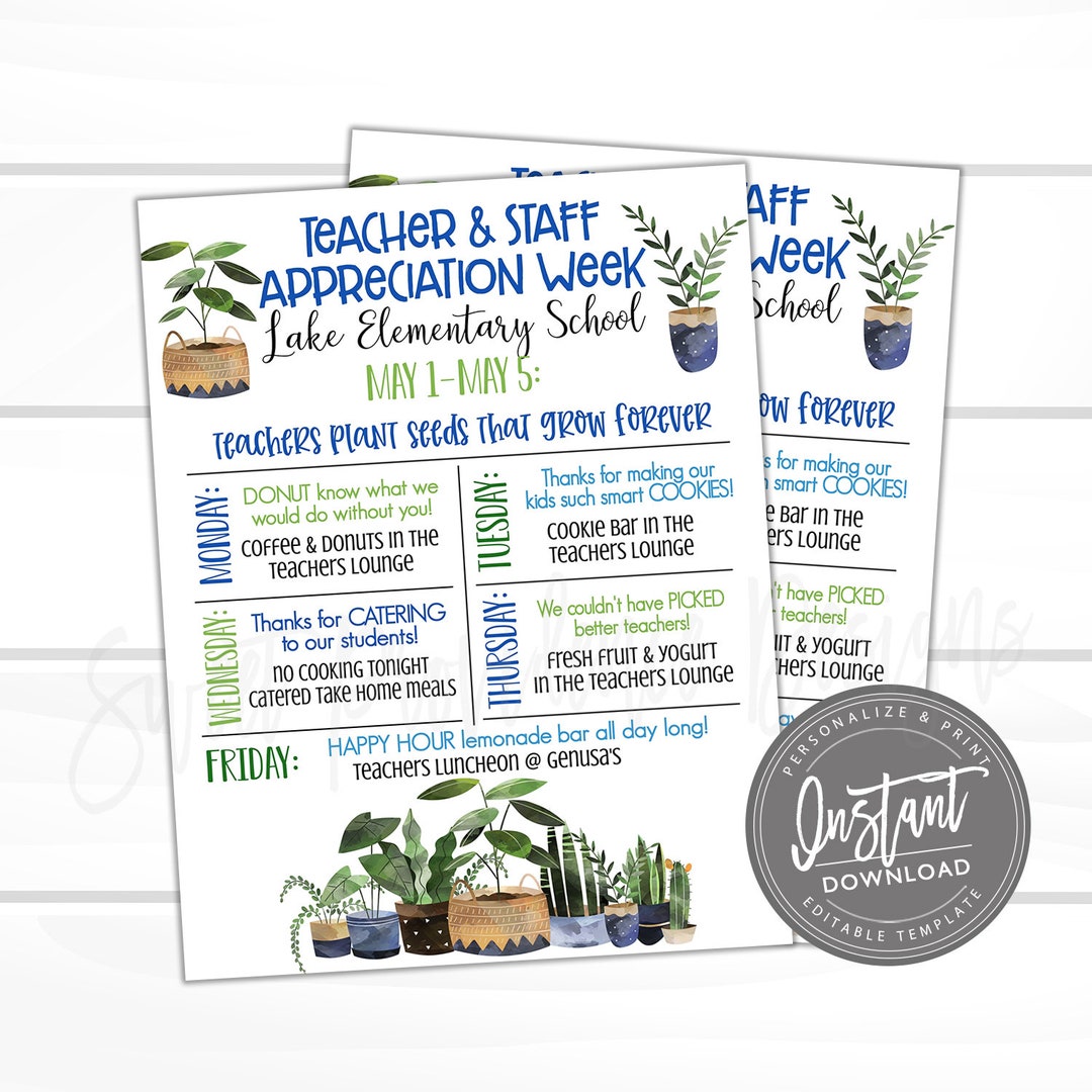 EDITABLE Teacher Appreciation Week Itinerary, Printable Digital File ...