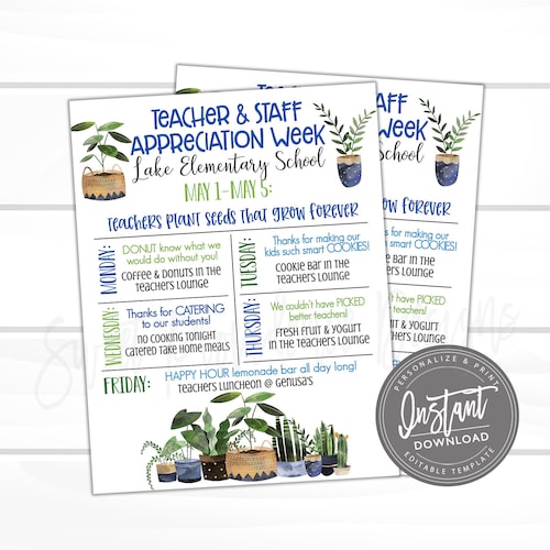 EDITABLE Teacher Bloom Grow Appreciation Week Itinerary - Etsy