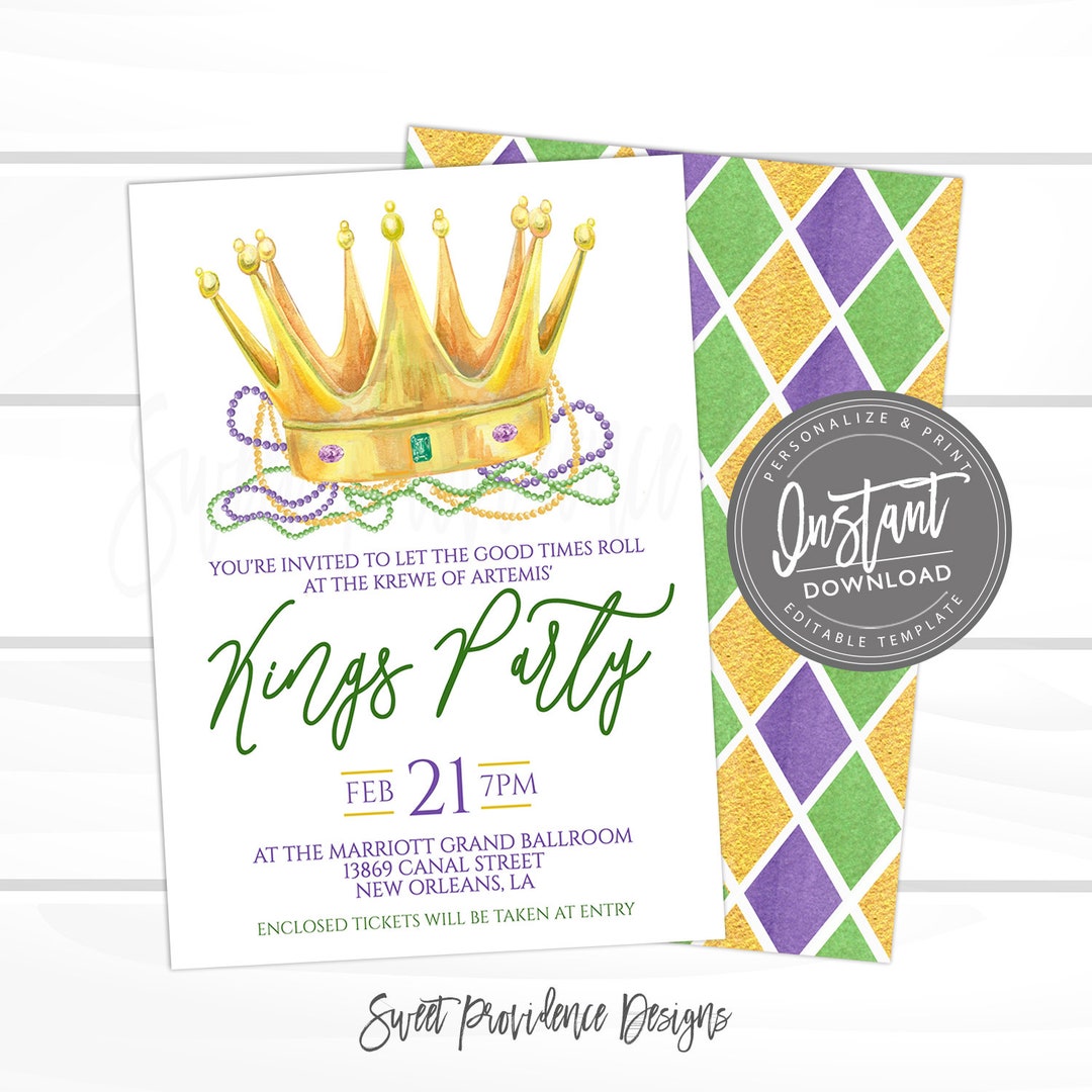 Mardi Gras Kings Party Invitation, Editable Royal Court Party ...
