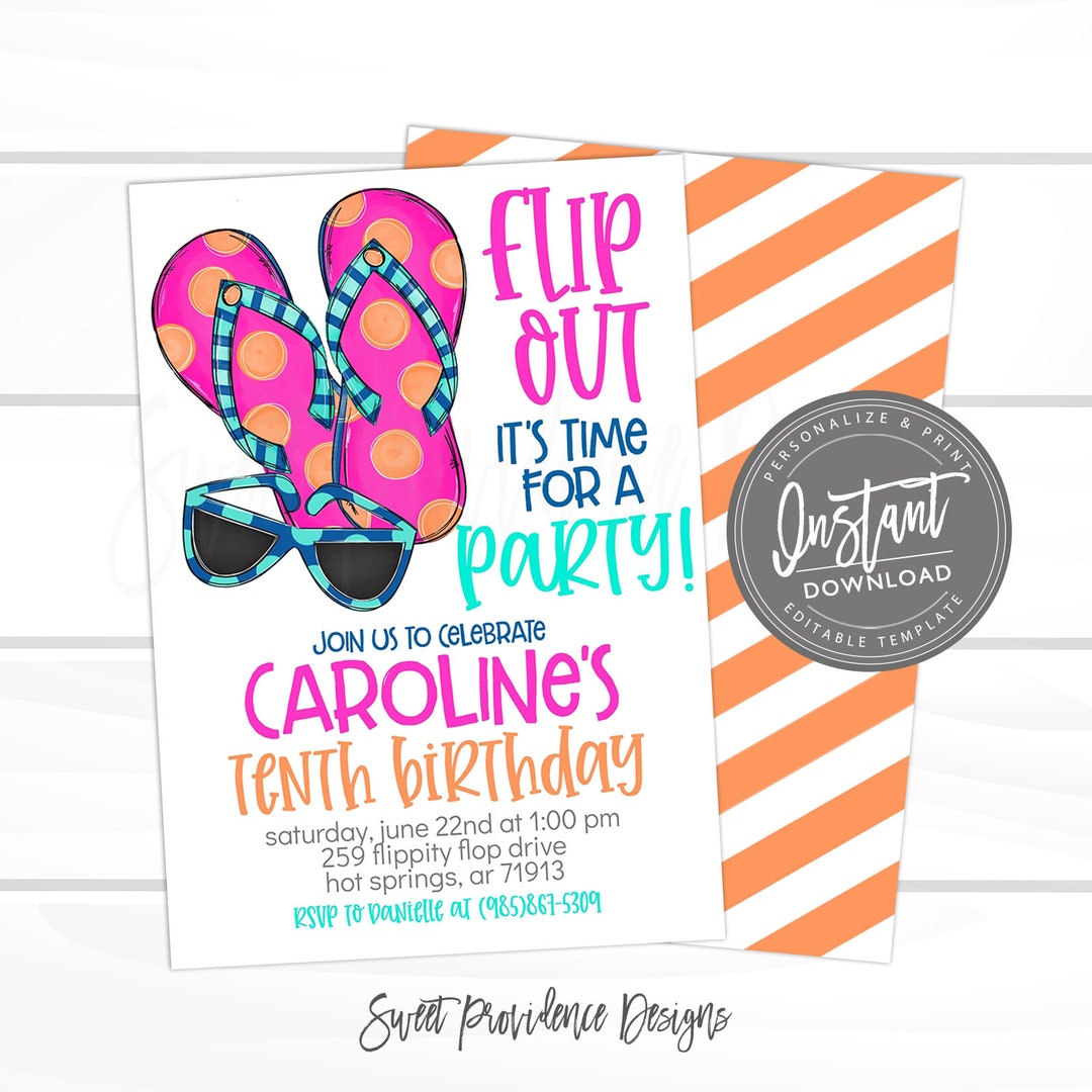 Editable Pool Party Flip Flop Invitation, Summer Birthday Party, Girl ...