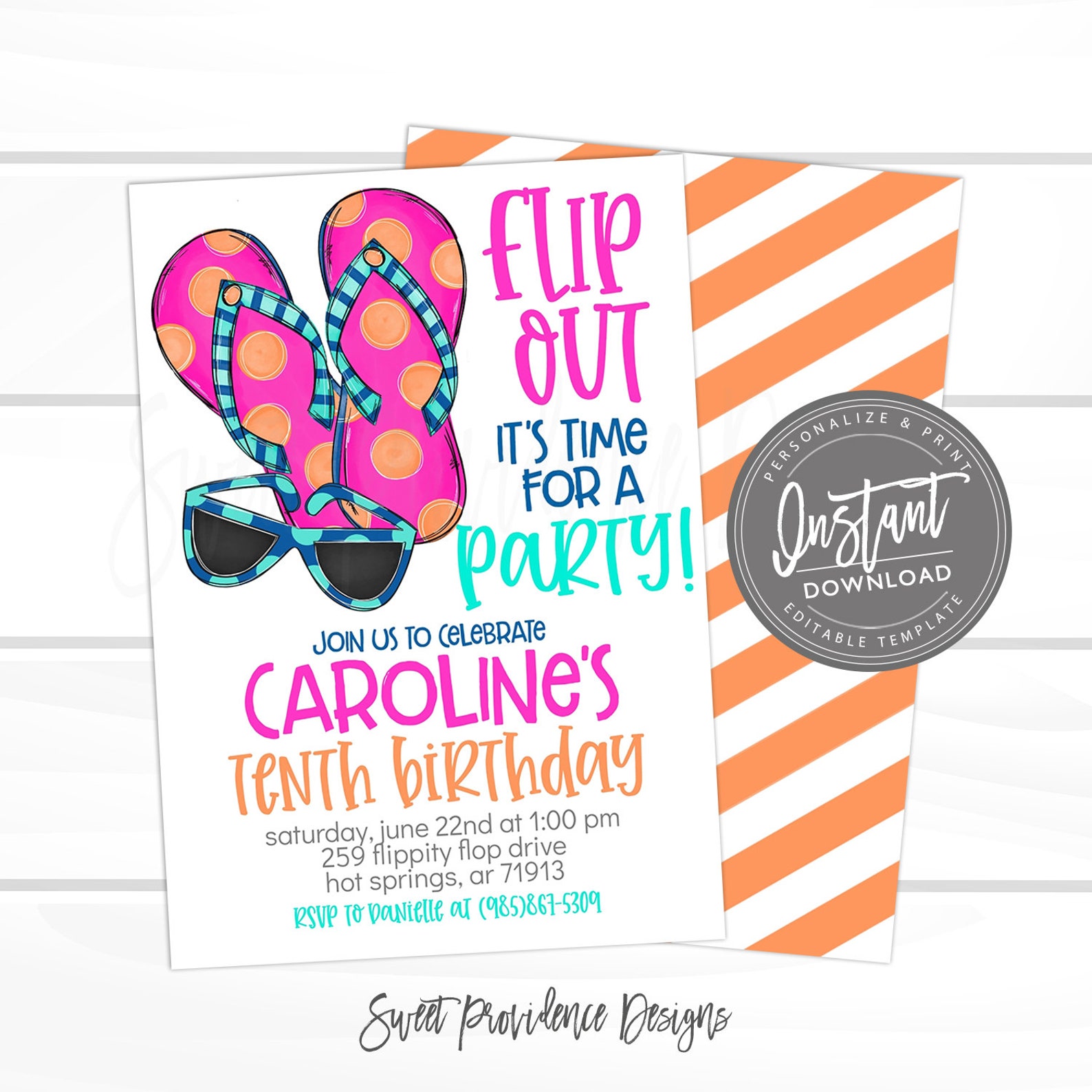 Editable Pool Party Flip Flop Invitation, Summer Birthday Party, Girl ...