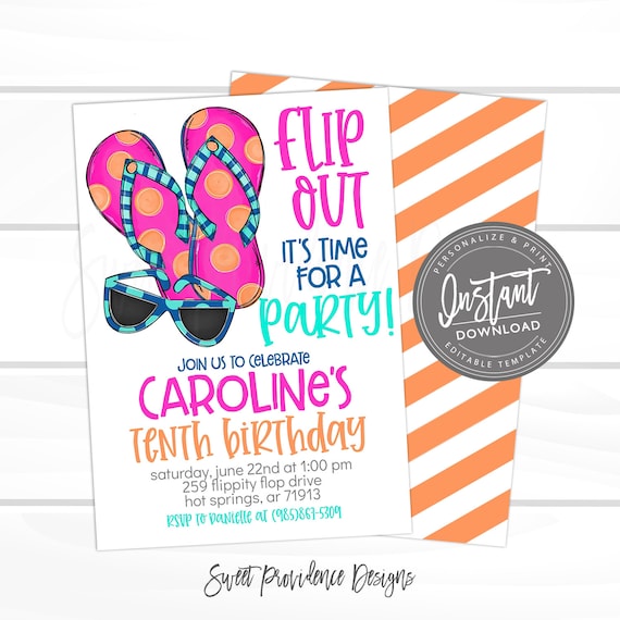Editable Pool Party Flip Flop Invitation, Summer Birthday Party, Girl ...