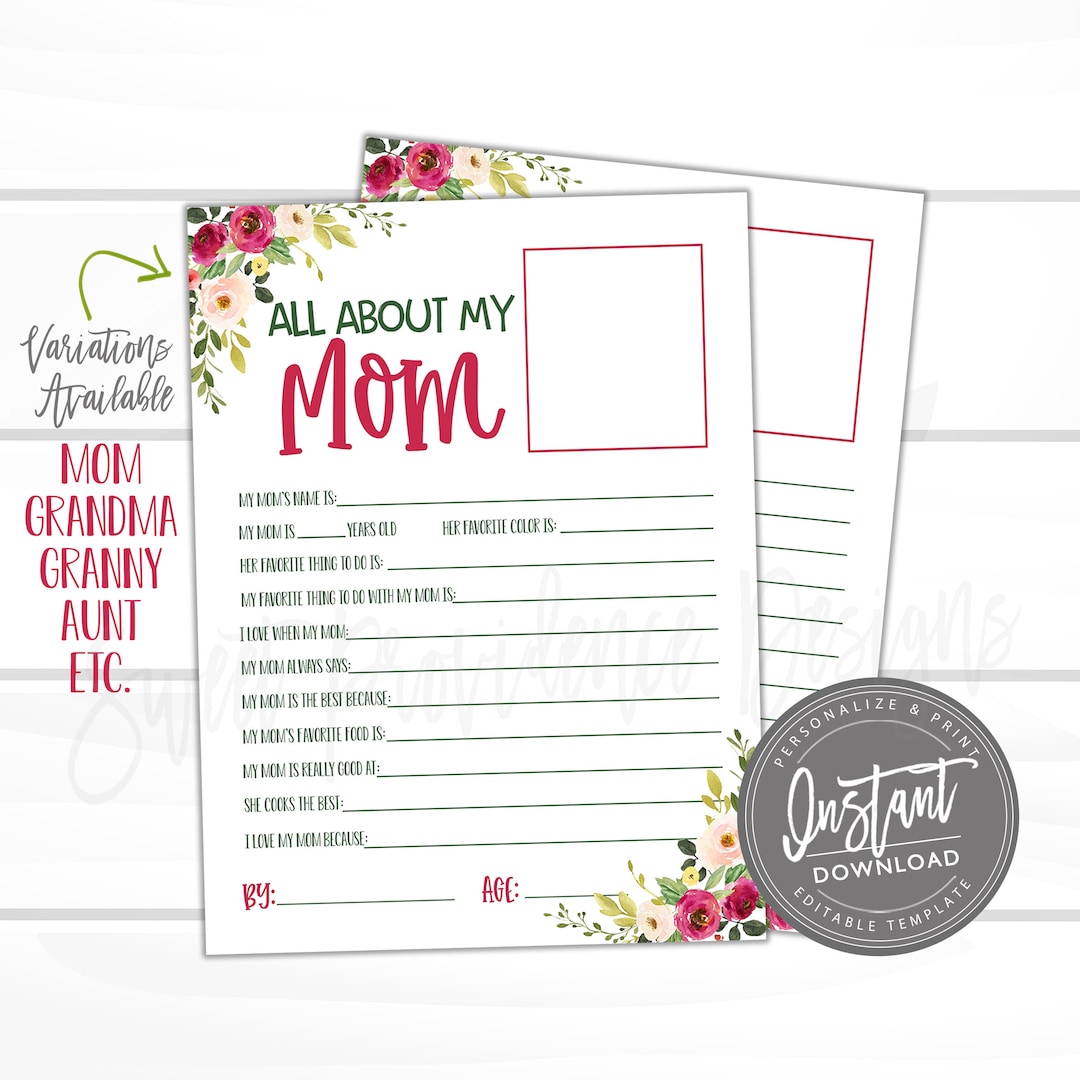 EDITABLE Mother's Day Questionnaire, All About Mom, Survey Questions ...