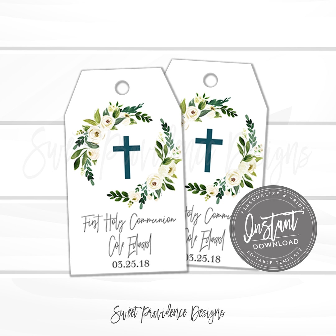 Communion Favor Tags, Editable Communion Greenery Party Tags, Religious ...