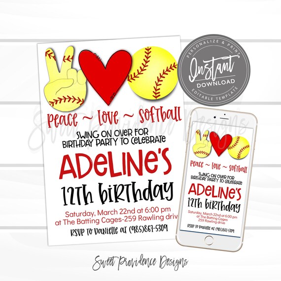 Softball Birthday Invitation, Peace Love Softball, Editable team pool ...