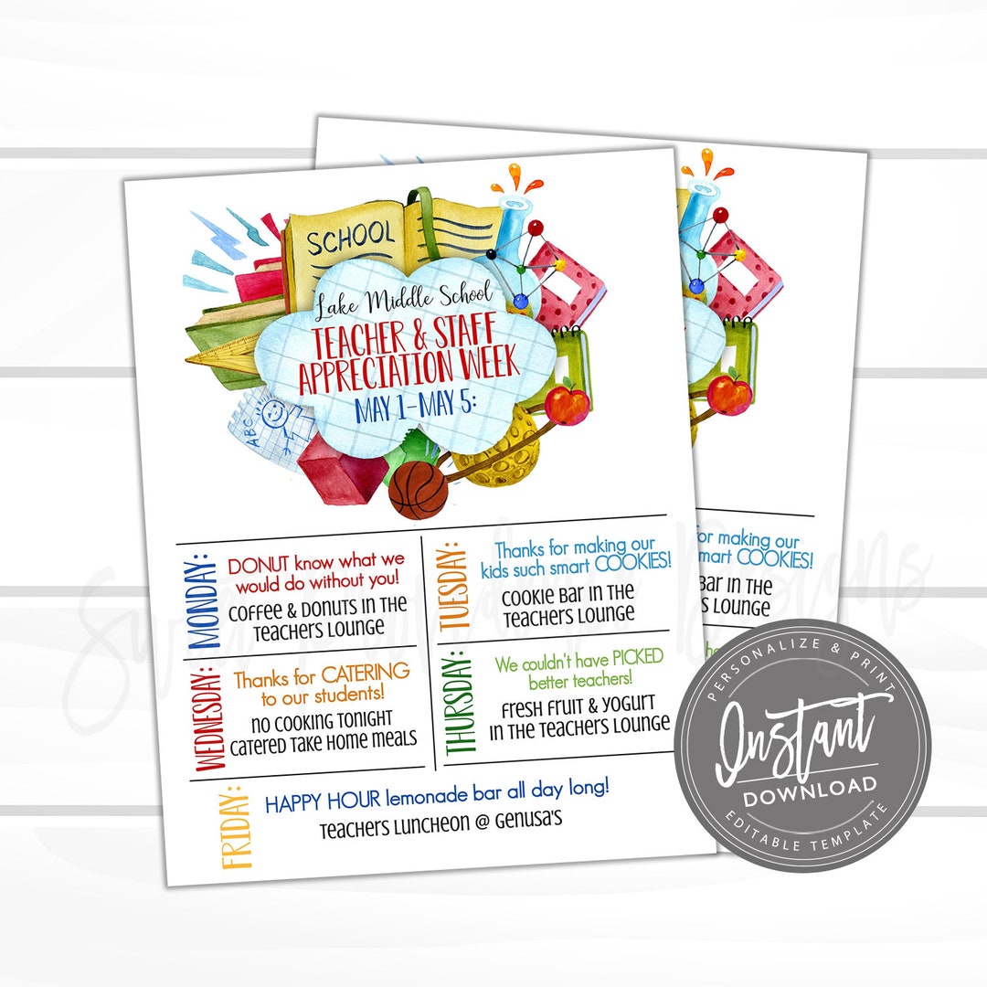 EDITABLE Teacher Appreciation Printable Week Itinerary, Printable ...