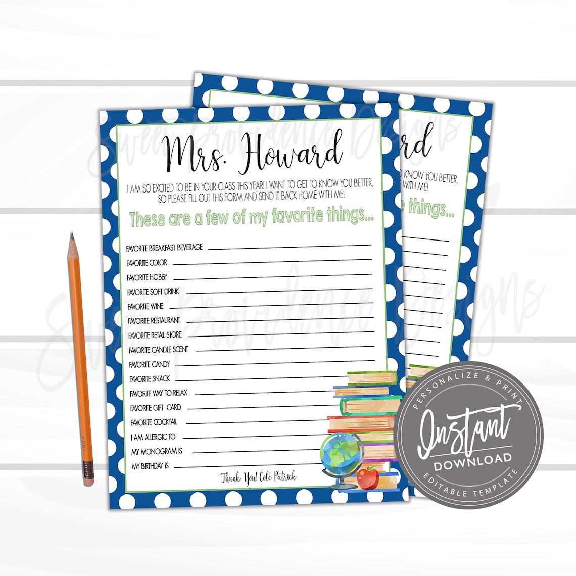 Printable Teacher's Gift Letter, Favorite Things, Teacher Questionnaire ...