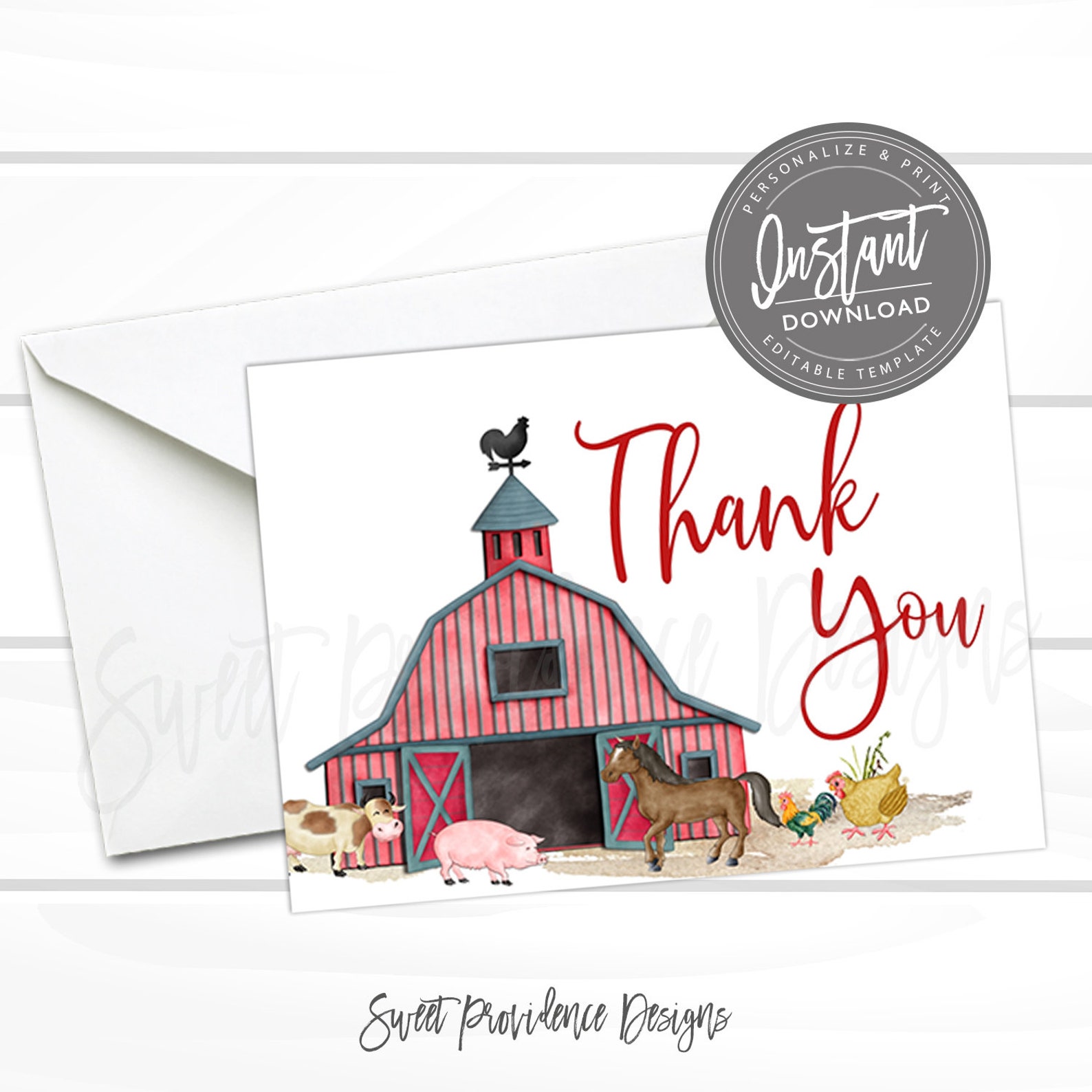 Thank You Card Farm Animals Thank You Card Editable Barnyard | Etsy