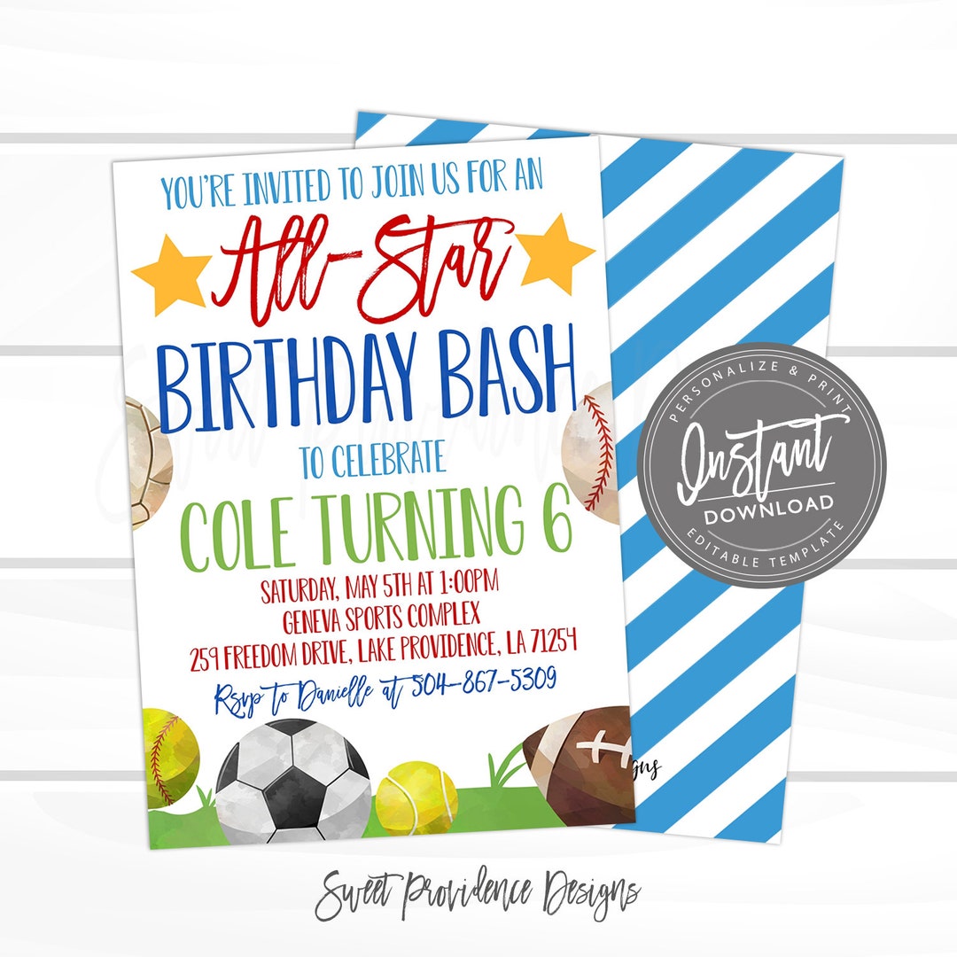 All-star Sports Birthday Invitation, All-star Birthday Bash, Editable ...
