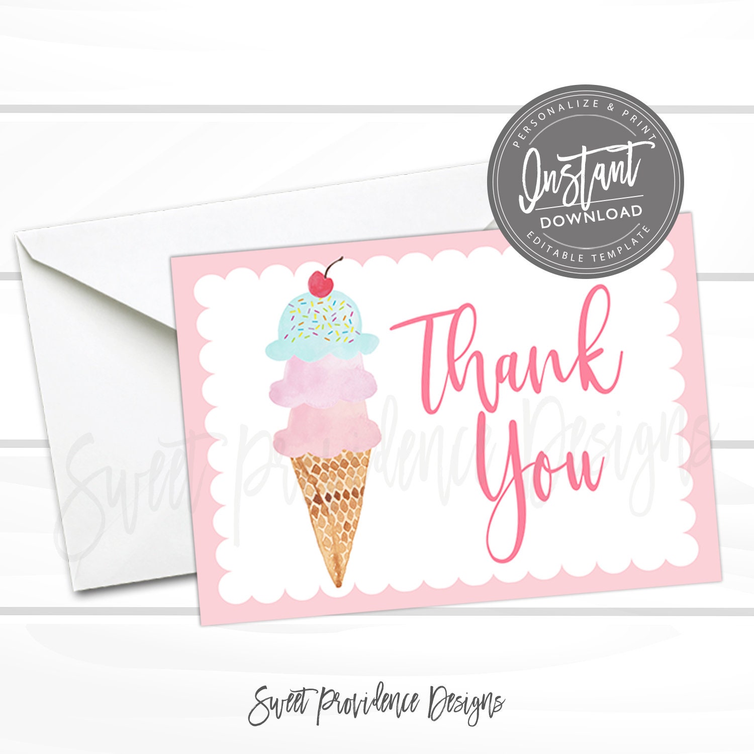 Ice Cream Thank You Card Watercolor Printable Thank You | Etsy