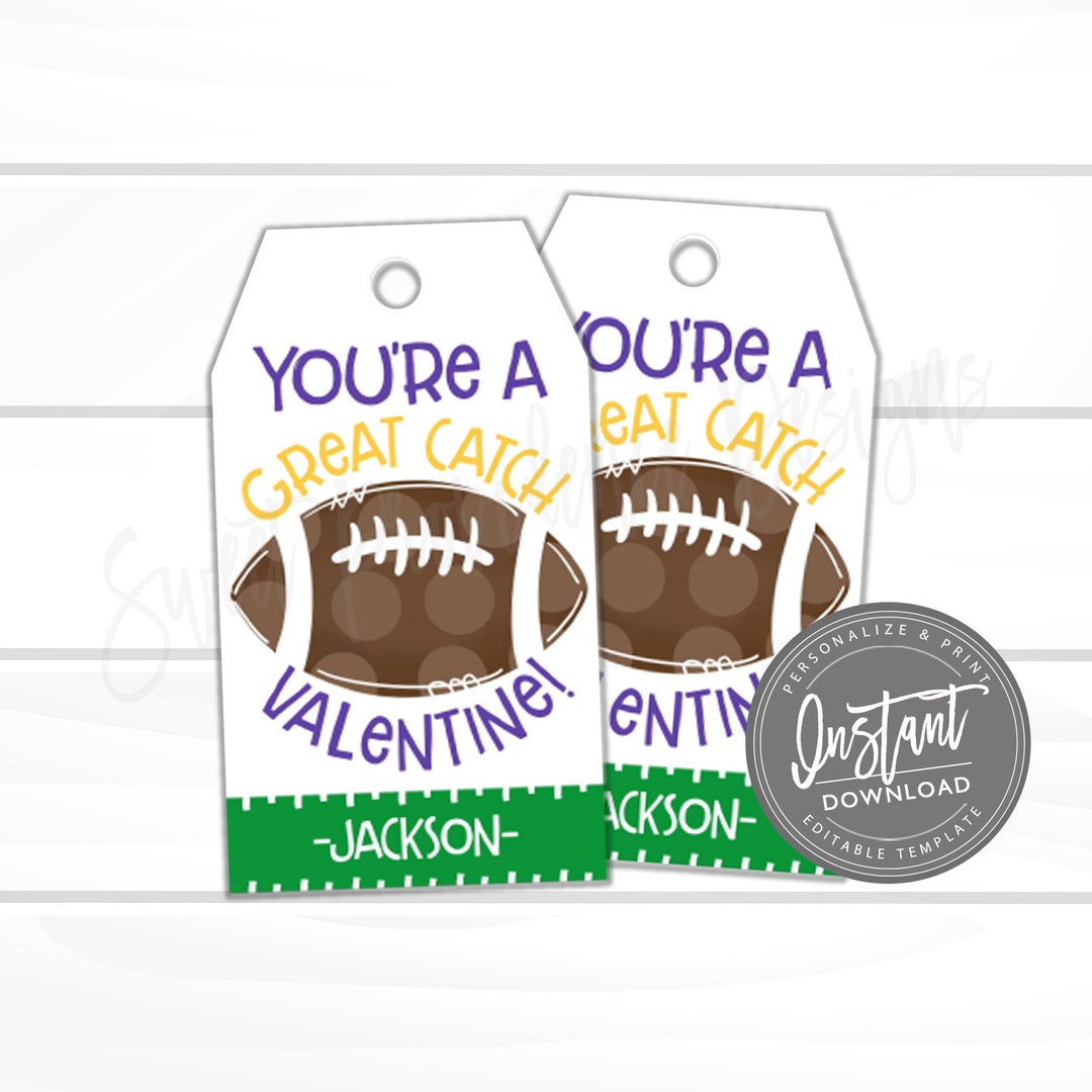Valentine Favor Tags, Printable Football Great Catch, Sports Valentine ...