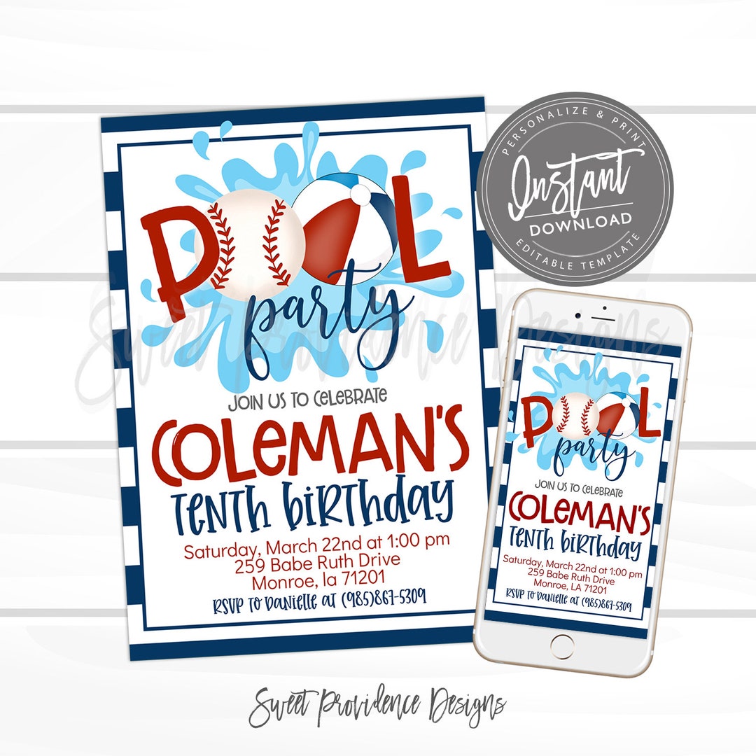 Baseball Pool Party Birthday Invitation, Editable Baseball Team Party ...
