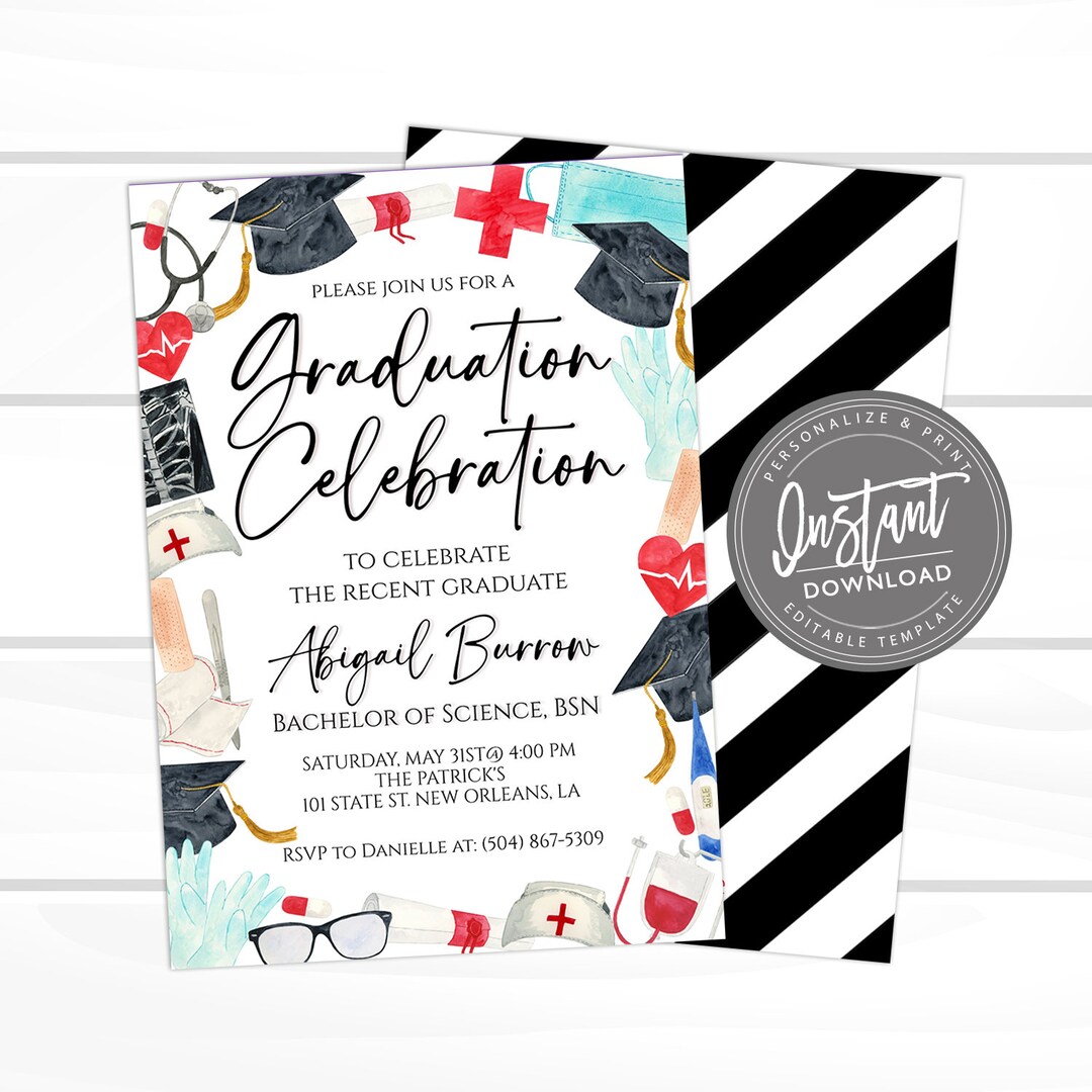 Editable Nursing School Graduation Celebration Invitation, Medical ...