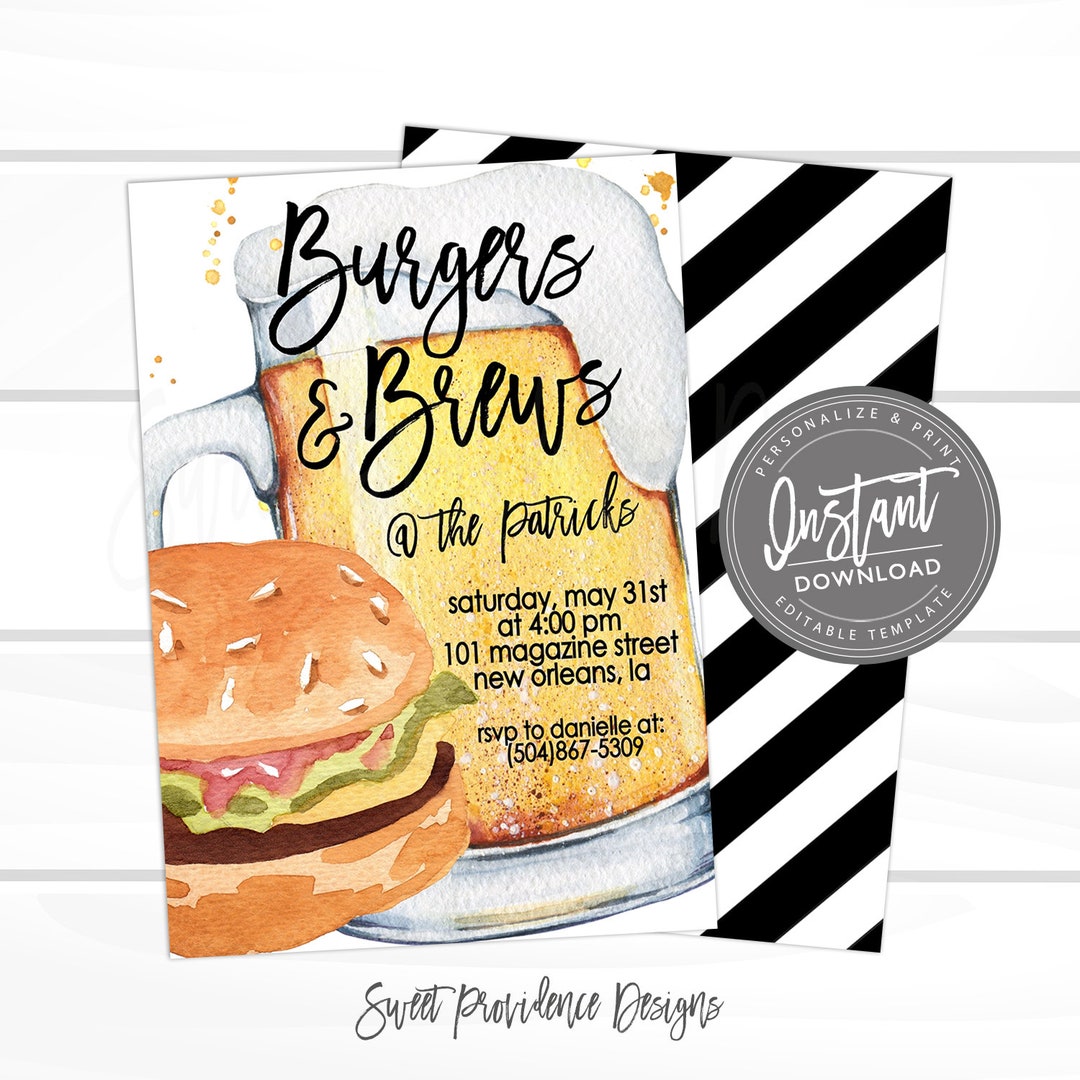 Burgers and Brews Invitation, ANY Event Hamburger Party, Beer, Burgers ...