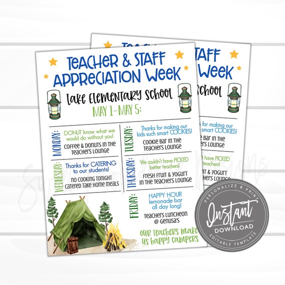 EDITABLE Teacher Appreciation Week Itinerary, Printable Digital File ...