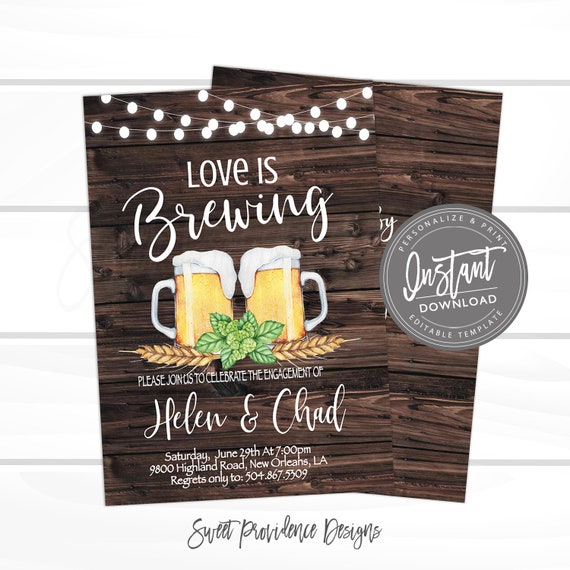 Love is Brewing Invitation, Rustic Engagement Party, Editable Kraft ...