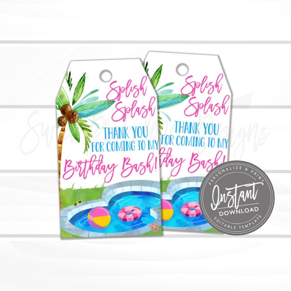 EDITABLE Birthday Favor Tag, Pool Birthday Party Favor, Thank You Favor ...