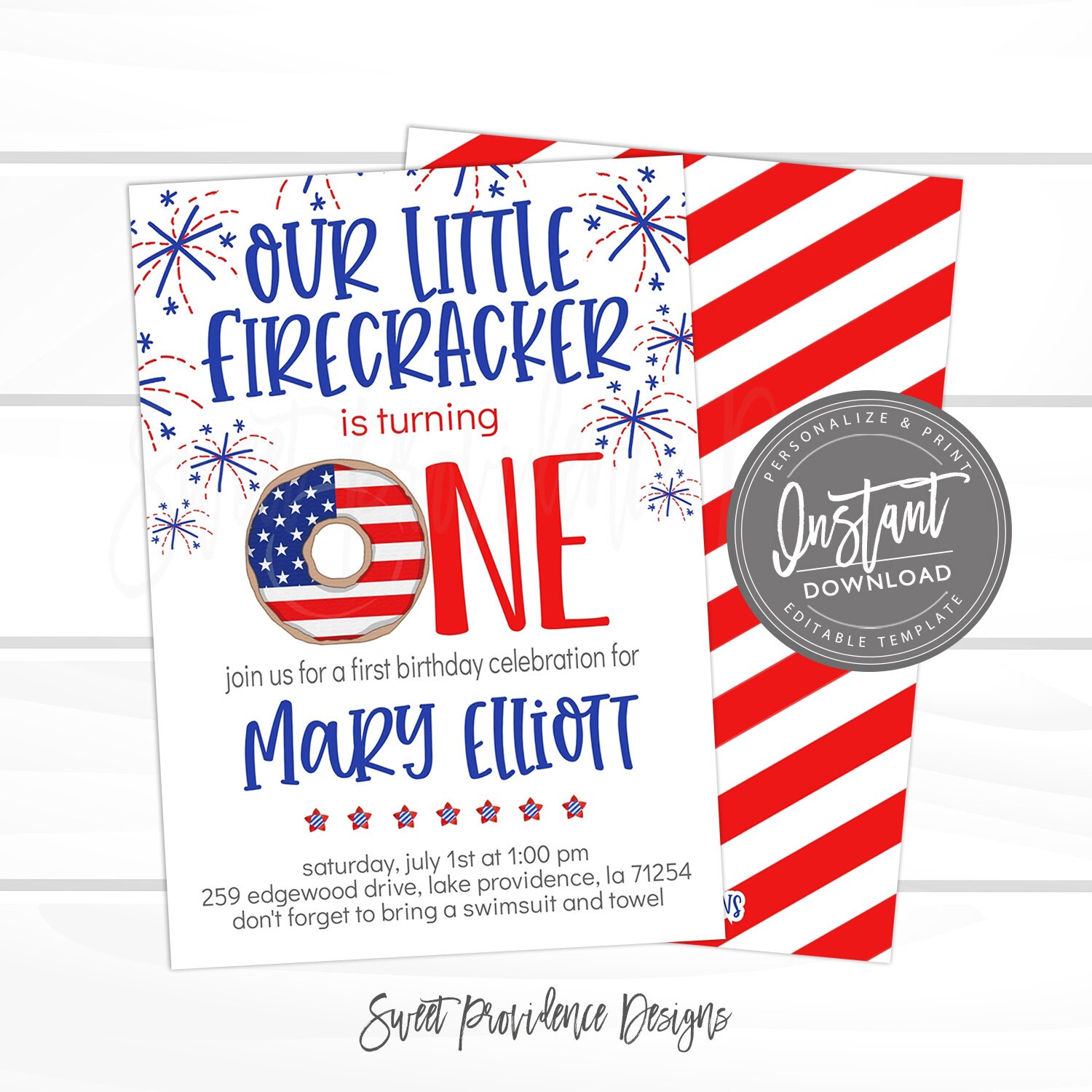 4th of July Firecracker Invitation, First Birthday, Editable Donut ...