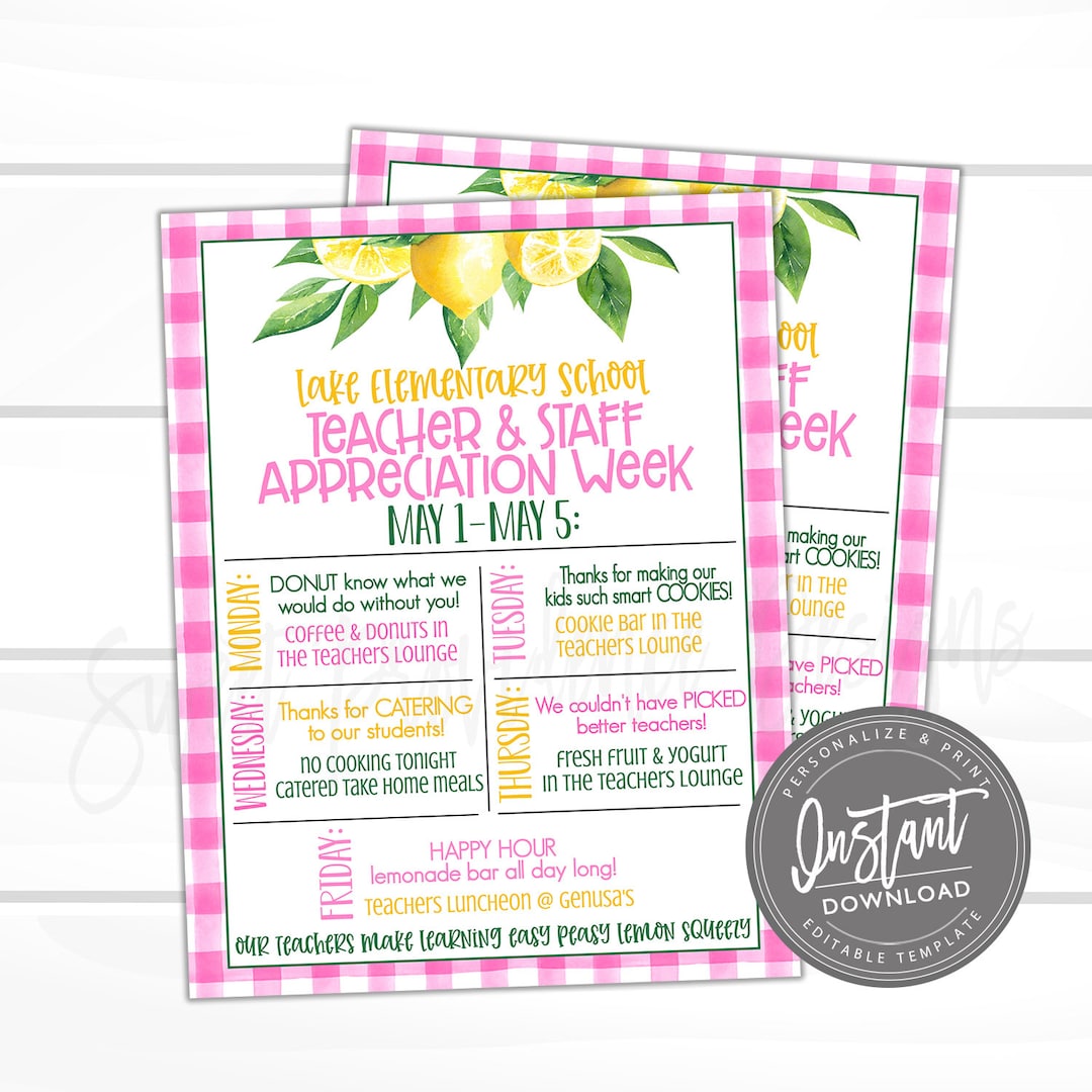 EDITABLE Teacher Appreciation Week Itinerary, Printable Pink Lemon ...
