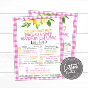 EDITABLE Teacher Appreciation Week Itinerary, Printable Pink Lemon ...
