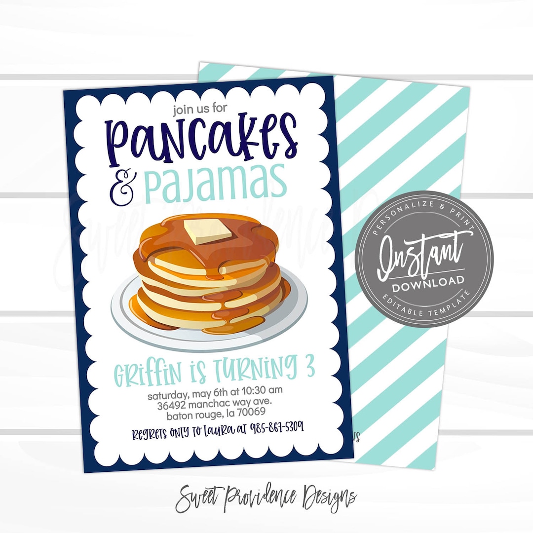 Pancakes and Pajamas Invitation, Blue Pancake, Boy Birthday Invite ...