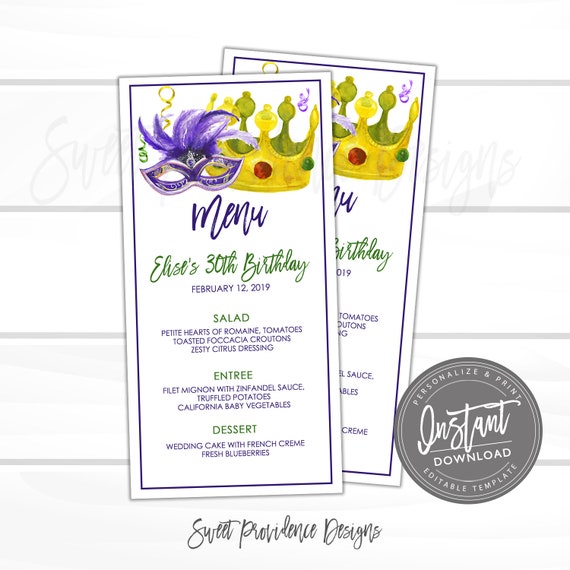 Mardi Gras Menu Card, Masquerade Ball Menu, Editable Mardi Gras Menu ...