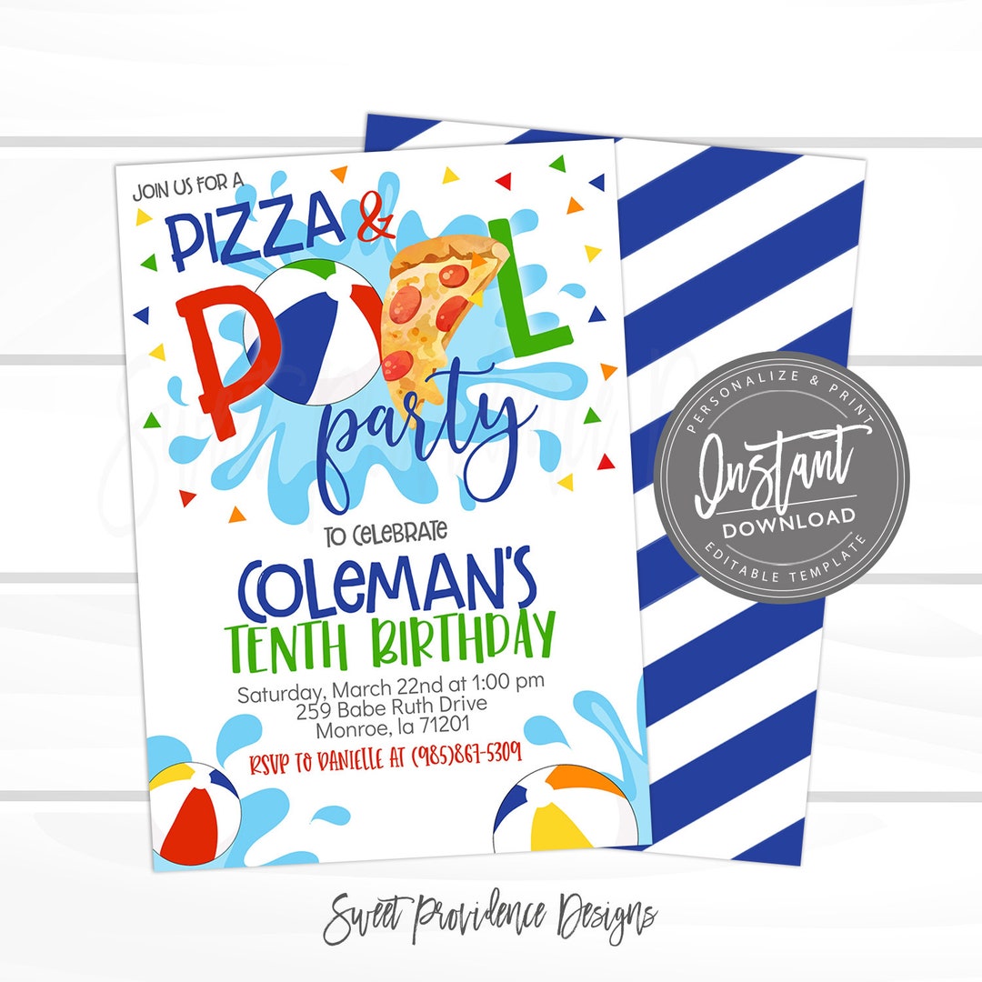 Pizza and Pool Party Invitation, Kid Printable Boy Birthday Pool Party ...