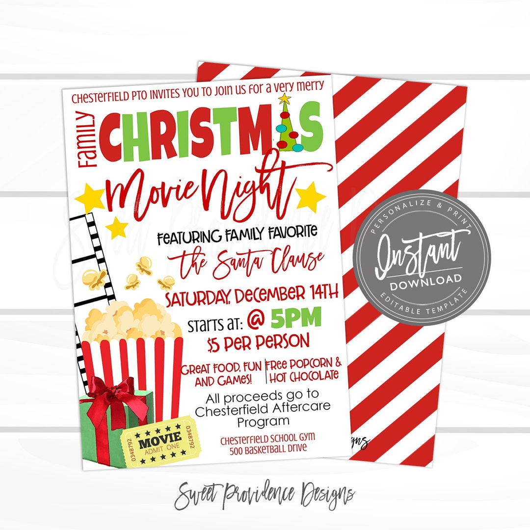 Holiday Flyer, Editable Christmas Movie Night Flyer Invite, Cinema ...