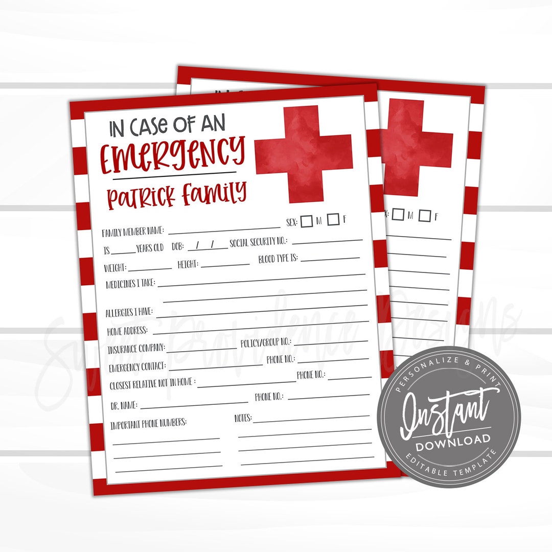 EDITABLE Emergency Information Sheet, Family Home in Case of Emergency ...
