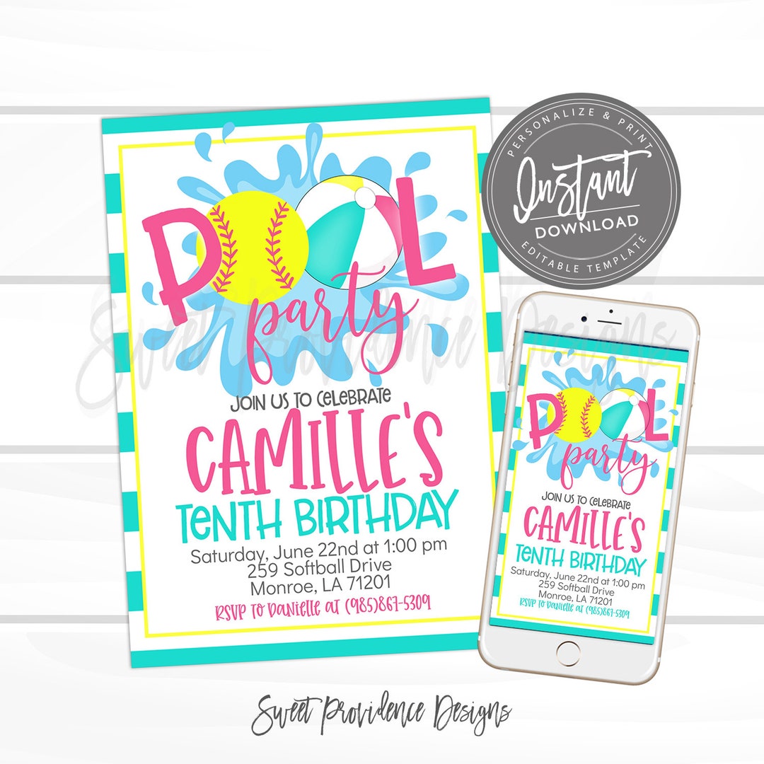 Softball Pool Party Birthday Invitation, Editable Softball Team Party ...