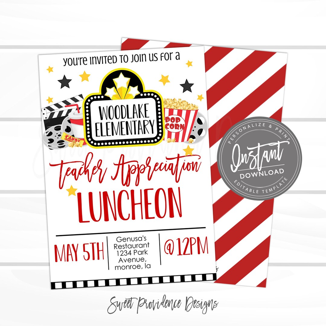 EDITABLE Teacher Appreciation Luncheon Invitation, Movie Teacher Staff ...