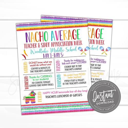 EDITABLE Nacho Average Teacher Appreciation Week Itinerary - Etsy