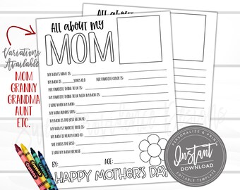 EDITABLE Mother's Day Questionnaire All About Mom Survey | Etsy