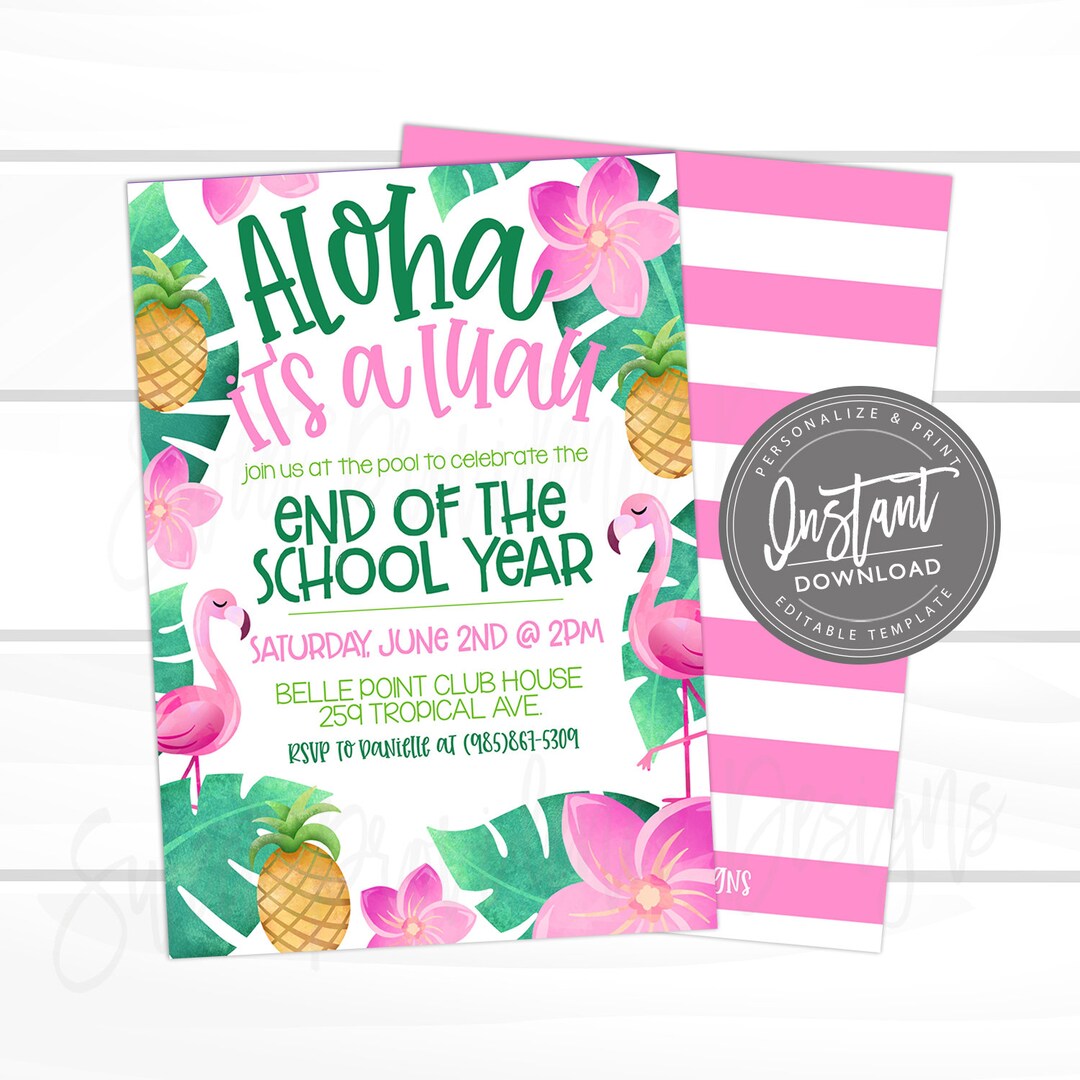 Aloha Summer Pool Party Invitation, End of School Party Invite, Luau ...