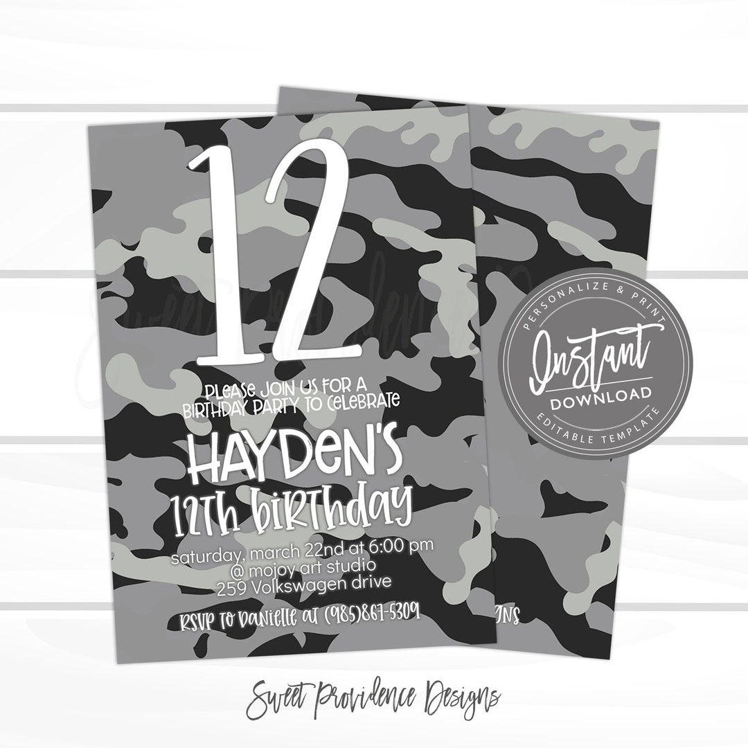 Editable Camo Party Invitation, Birthday Party, Boy Birthday Invitation ...