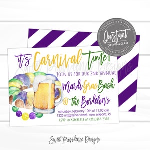 Mardi Gras King Cake Invitation, Mardi Gras Celebration, Editable ...