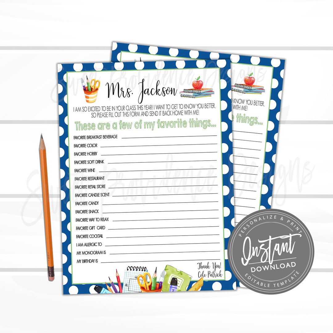 Printable Teacher's Favorite Things, Teacher Questionnaire Survey, Few ...