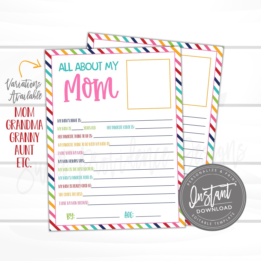 Mother's Day Card, EDITABLE Questionnaire, All About Mom, Survey ...