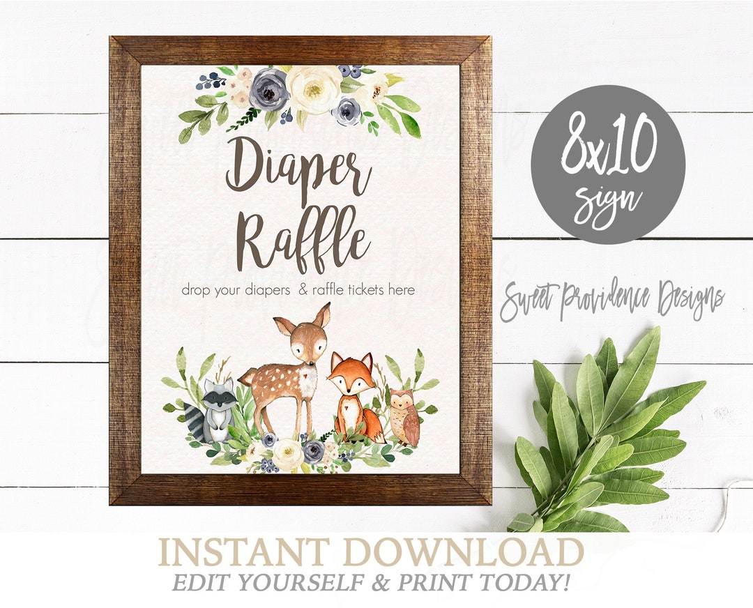 Diaper Raffle Table Sign, Baby Shower Diaper Sign, Editable Woodland ...