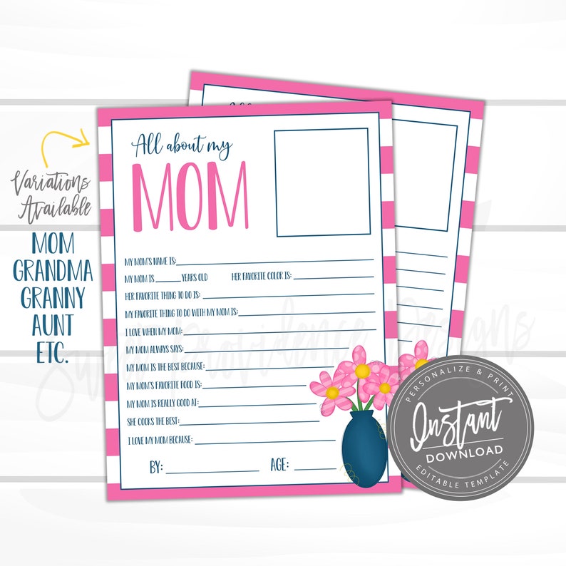 Mother's Day Card EDITABLE Questionnaire All About Mom - Etsy