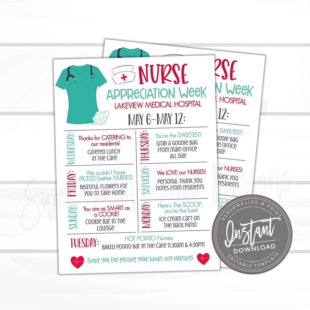 EDITABLE National Nurses Week Schedule Events, Nurse Appreciation Week ...