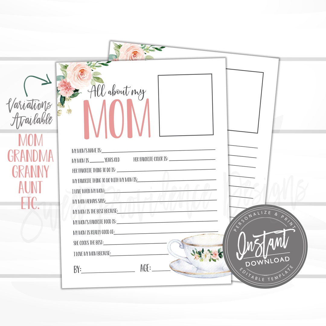 EDITABLE Mother's Day Questionnaire, All About Mom, Survey Questions ...