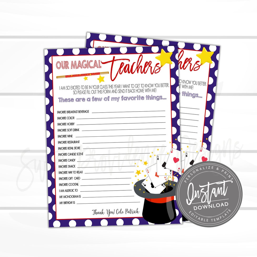 EDITABLE Teacher Survey, Printable Teacher's Favorite Things ...
