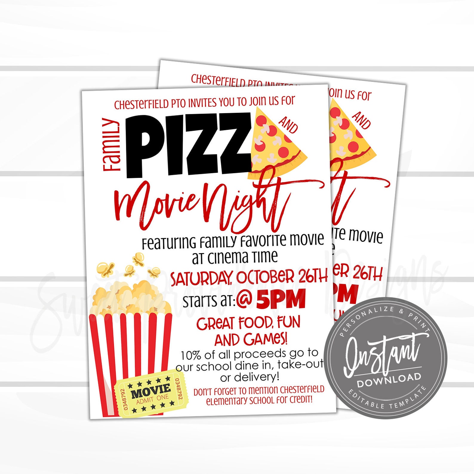 Pizza and Movie Night Flyer, School or Church Pizza Party, PTO PTA ...